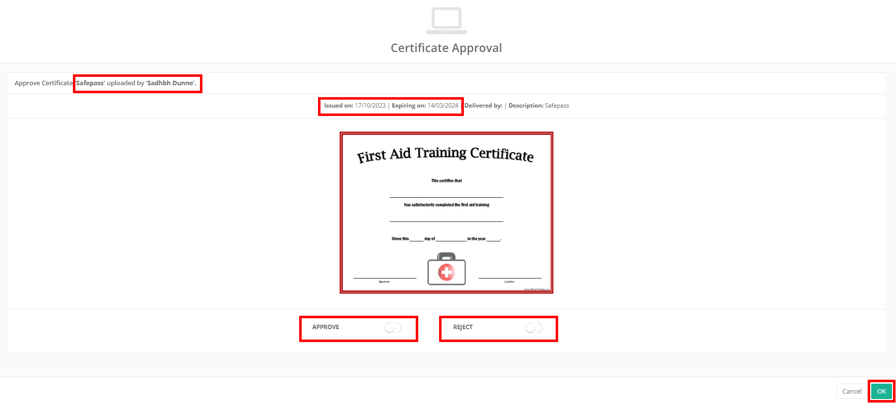 How do I approve/reject uploaded certificates?